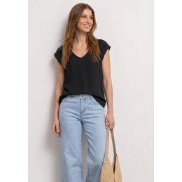 Kurzarmbluse Street One, Damen, Gr. 44, schwarz, Web, Obermaterial: 100% Viskose, unifarben, normal h&uuml;ftbedeckend, Rundhals, abgesteppte Kante, Blusen, Sommershirt mit H&auml;kel/Tape-Details und V-Neck