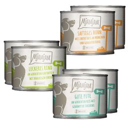 MjAMjAM Mixpaket I Huhn&Ente, Rind, Pute Hunde-Nassfutter getreidefrei 6x200g