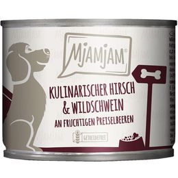 MjAMjAM kulinarischer Hirsch&Wildschwein an Preiselbeeren Hunde-Nassfutter ohne Getreide 6x200g