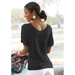 Strandshirt Lascana, Damen, Gr. 36/38, schwarz, Jersey, Obermaterial: 95% Viskose, 5% Elasthan. Spitze: 100% Baumwolle, unifarben, figurumspielend h&uuml;ftbedeckend, Rundhals, mit Riegel, Shirts, mit H&auml;keleinsatz am R&uuml;cken, T-Shirt, weite Passform, luftig und locker