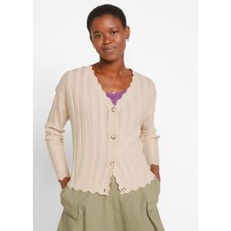 Strickjacke bonprix, Damen, Gr. 48/50 (XL), kieselbeige, Strick, Obermaterial: 70% Viskose, 30% Polyamid, unifarben, festlich, oversize h&uuml;ftbedeckend, V-Ausschnitt, gewellter Abschluss, Strickjacken Strickjacke, Oversize-Passform, mit Ajour-Muster, f&uuml;r festlichen Look