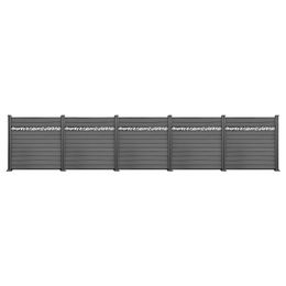 WPC-Sichtschutzzaun Valla &ndash; 5 Elemente mit 6 Pfosten &ndash; 190 cm H&ouml;he mit Dekorelement &ndash; Grau