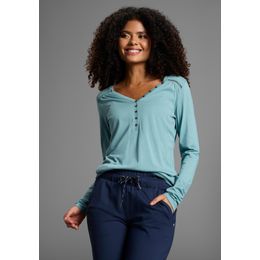 Langarmshirt Kangaroos, Damen, Gr. 36/38, gr&uuml;n (blaugr&uuml;n), Jersey, Obermaterial: 50% Baumwolle, 50% Modal, unifarben, l&auml;ssig geschnitten h&uuml;ftlang, Rundhals, abgesteppte Kante, Shirts Langarmshirt, mit Knopfleiste und s&uuml;&szlig;en Details