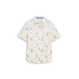 Tom Tailor Herren Regular Fit Kurzarmhemd mit Stickereien, wei&szlig;, Gemustert, Gr. XXL