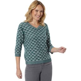 Damen V-Ausschnitt-Pullover mit Strickmuster petrol-ecru-gemustert, Gr&ouml;&szlig;e 38