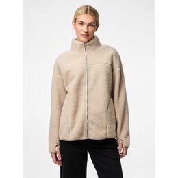 Pl&uuml;schjacke Pieces "PCSADIA LS TEDDY JACKET NOOS BC", Damen, Gr. S, silber gray, Pl&uuml;sch, Obermaterial: 100% Polyester, unifarben, regular fit normal, Jacken, Kunstfaser
