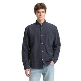 Langarmhemd Tom Tailor Denim, Herren, Gr. L, N-Gr, navy blau stripe, Single Jersey, Obermaterial: 100% Baumwolle, gestreift, normal h&uuml;ftbedeckend, Rundhals, 2-Knopf-Manschette, Hemden, gestreift, mit Button-down-Kragen