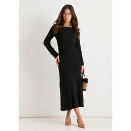 Schwarzes Strickkleid mit Schlitzausschnitt und Schlaghose