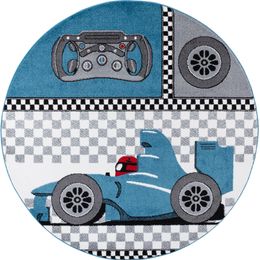 Kinderteppich Ayyildiz Teppiche "Kids 460", blau, H:12mm &Oslash;:120cm, Kunstfaser, Teppiche, Kinderteppich, Kurzflor, Motiv Rennwagen
