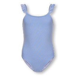 Badeanzug KIDS Only "KOGSUNNY STRUCTURE SWIMSUIT ACC", M&auml;dchen, Gr. 122/128, N-Gr, blau (ultramarine stripes:cloud dancer), Rippware, Polyester, gestreift, strukturiert, Badeanz&uuml;ge Badeanzug, mit kleiner R&uuml;sche an der Schulter