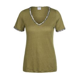 Madeleine Mode Kurzarmshirt MADELEINE "Shirt Trendiges Kurzarm-Shirt, V-Ausschnitt", Damen, Gr. 38, gr&uuml;n (khaki, multicolor), Obermaterial: 100% Leinen LI., Modern, figurumspielend, V-Ausschnitt, Shirts