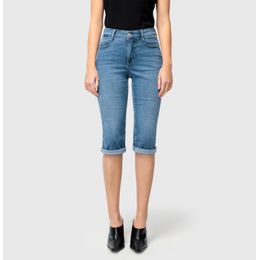 Caprijeans MAC "Dream-Sum", Damen, Gr. 46, N-Gr, blau (mid light blau wash), Denim/Jeans, Obermaterial: 75% Baumwolle, 12% Modal, 9% Polyester, 4% Elasthan, figurbetont kniebedeckend, Jeans, Bequemer Sitz mit krempelbarem Saum, Topseller