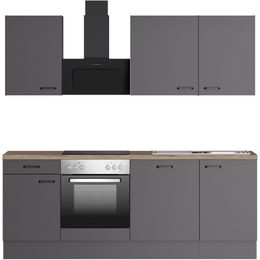 K&uuml;chenzeile KOCHSTATION "KS-Paula", k&uuml;che: grau, korpus: anthrazit, arbeitsplatte: wildeichefarben struktur, B:220cm H:211,8cm T:60cm, Komplettk&uuml;chen-Sets, K&uuml;chenzeile