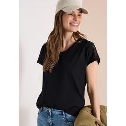 Spitzenshirt Cecil, Damen, Gr. L (42), schwarz, Web, 100% Baumwolle, unifarben, comfort fit normal, V-Ausschnitt, B&uuml;ndchen, Shirts, aus reiner Baumwolle