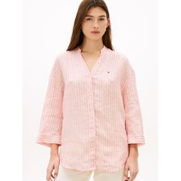Shirtbluse Tommy Hilfiger "ESS LINEN COLLARLESS SHIRT", Damen, Gr. M (40), chalk stp ecru fireworks, Web, Obermaterial: 100% Leinen, gestreift, gerade normal, V-Ausschnitt, Blusen, mit Logo-Stickerei