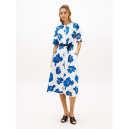 Midikleid Tommy Hilfiger "FRAYED VIS/LINEN SHORT SLEEVE SHIRT DRESS", Damen, Gr. XS (34), N-Gr, poppy print spaced ivory, blau orbit, Web, Obermaterial: 53% Leinen, 47% Viskose, gemustert, gerade Midi, Rundhals, Kleider Midikleid, Leinen-Mix, mit seitlichen Eingrifftaschen