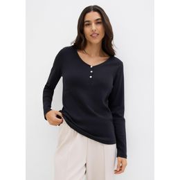 Langarmshirt bonprix, Damen, Gr. 44/46 (L), schwarz, Jersey, Obermaterial: 100% Baumwolle, unifarben, schmal h&uuml;ftbedeckend, Rundhals, Shirts Langarmshirt, schmale Passform, Langarm, mit kurzer Knopfleiste im Henley-Stil
