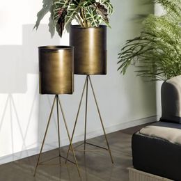Blumentopf FineBuy Pflanzenk&uuml;bel 2er Set Metall Gold Rund Pflanzgef&auml;&szlig; Hoch Eisen