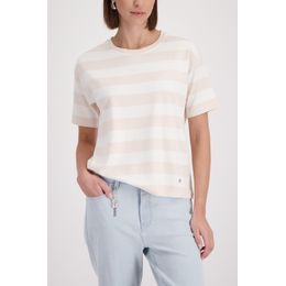Sweatshirt monari "Sweatshirt Ringel", Damen, Gr. 44, beige (beige ger), Sweatware, Obermaterial: 83% Viskose, 14% Polyester, 3% Elasthan, geringelt, regular fit taillenbedeckt, Rundhals, eingesetzt abgesteppte Kante, Sweatshirts Sweatshirt, Regular fit mit Rundhalsausschnitt