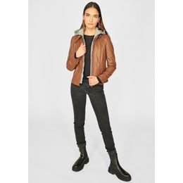 Bikerjacke JCC "31021120", Damen, Gr. 38, braun (cognac), Oberstoff: 100% Lammleder; Lining: 100% Polyester; Kapuze: 70% Baumwolle, 30% Polyester, mit Knopf,&Auml;rmel mit &Auml;rmelschlitz, Jacken