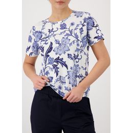 T-Shirt monari "Shirt Blumendruck allover", Damen, Gr. 38, blau (marine gem), Web, Obermaterial: 95% Viskose, 5% Elasthan, gebl&uuml;mt, regular fit taillenbedeckt, Rundhals, eingesetzt abgesteppte Kante, Shirts T-Shirt, Regular fit mit Blumenmuster