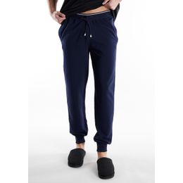 Pyjamahose Bugatti "Bologna", Herren, Gr. 52, N-Gr, blau (blau, dunkel, uni), Obermaterial: 51% Polyester, 46% Baumwolle, 3% Elasthan, lang, Hosen Pyjamahose, mit Seitentaschen, niedriger Bund, bequem, elastisch, Materialmix