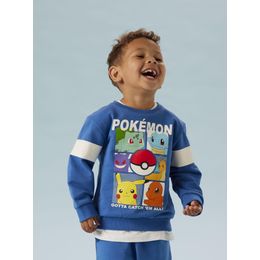 Sweatshirt name it "NMMJUSSY POKEMON NREG SWEAT BRU NOOS SKY", Jungen, Gr. 104, delft, angeraute Sweatware, Obermaterial: 95% Baumwolle, 5% Elasthan, bedruckt, Basic h&uuml;ftbedeckend, Rundhals, Rippb&uuml;ndchen, Sweatshirts Sweatshirt