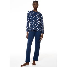 Schlafanzug Mey "Scribbled Dots", Damen, Gr. 48, blau (deep marine), Single Jersey, Obermaterial: 100% Baumwolle, lang, Rundhals, angesetztes B&uuml;ndchen, Homewear-Sets Schlafanzug, Baumwolle, modern, bequem, gerade Form, Knopfleiste, Rundhals