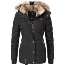 Winterjacke Marikoo "Nekoo", Damen, Gr. M (38), schwarz, Oberstoff: 100% Polyester. Futter: 100% Polyester. Wattierung: 100% Polyester. &Auml;rmelfutter: 100% Polyester. Kunstpelz: 90% Polyacryl, 10% Polyester, tailliert h&uuml;ftbedeckend, &Auml;rmel ohne &Auml;rmelschlitz Rippstrickb&uuml;ndchen, Jacken Winterjacke, stylische Damen Steppjacke mit gro&szlig;er Kapuze
