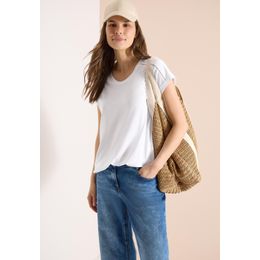 T-Shirt Cecil, Damen, Gr. L (42), wei&szlig;, Web, 50% Modal, 50% Baumwolle, unifarben, normal normal, V-Ausschnitt, abgesteppt, Shirts T-Shirt, mit Spitze an den &Auml;rmeln