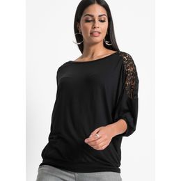 Oversize-Shirt bonprix, Damen, Gr. 32/34 (XS), schwarz, Jersey, Obermaterial: 95% Viskose, 5% Elasthan. Spitze: 100% Polyester, oversize h&uuml;ftbedeckend, Rundhals, Fledermaus&auml;rmel,mit Cut Outs angesetztes B&uuml;ndchen, Shirts, oversized, 3/4-Fledermaus&auml;rmel mit Cut-Outs mit Spitzeneins&auml;tzen