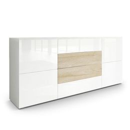 Vladon SIDEBOARD Rova Wei&szlig; Hochglanz / Eiche s&auml;gerau