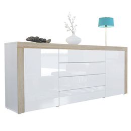 Vladon SIDEBOARD La Paz Wei&szlig; Hochglanz / Eiche s&auml;gerau