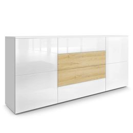 Vladon SIDEBOARD Rova Wei&szlig; Hochglanz/ Eiche Natur