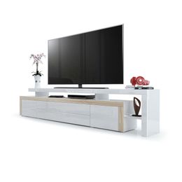 Vladon LOWBOARD Leon Wei&szlig; Hochglanz / Eiche s&auml;gerau