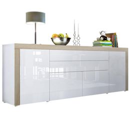 Vladon SIDEBOARD La Paz Wei&szlig; Hochglanz / Eiche s&auml;gerau