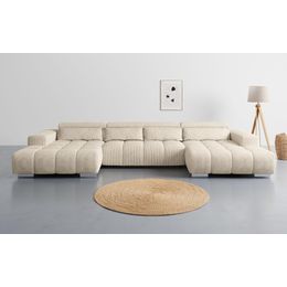 Wohnlandschaft COTTA "Orion U-Form, B: 400 cm", ivory, B:400cm T:186cm, 88% POLYESTER (PES) 12% POLYAMID (PA), Sofas, Wohnlandschaft, Kopfteilverstellung & 4 Kissen, optional elektr. Sitztiefenverstellung