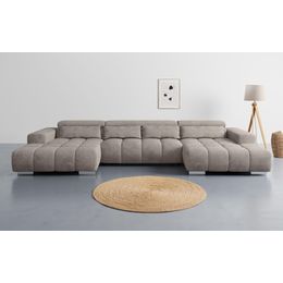 Wohnlandschaft COTTA "Orion U-Form, B: 400 cm", elephant, B:400cm T:186cm, 100% POLYESTER (PES), Sofas, Wohnlandschaft, Kopfteilverstellung & 4 Kissen, optional elektr. Sitztiefenverstellung