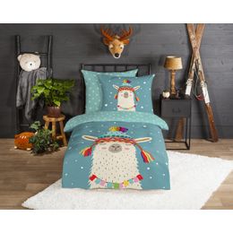 Kinderbettw&auml;sche Good Morning "Borax", petrol, B/L: 135cm x 200cm, 1 Stk., 1 Stk., Flanell, B/L: 80cm x 80cm, 2 Stk., Flanell, Obermaterial: 100% Baumwolle, Bettw&auml;sche, Flanell Biber, 135x200, Warm, Rei&szlig;verschluss, Wende, Kind, Winter