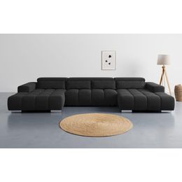 Wohnlandschaft COTTA "Orion U-Form, B: 400 cm", schwarz, B:400cm T:186cm, 100% POLYESTER (PES), Sofas, Wohnlandschaft, Kopfteilverstellung & 4 Kissen, optional elektr. Sitztiefenverstellung