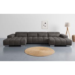 Wohnlandschaft COTTA "Orion U-Form, B: 400 cm", stone, B:400cm T:186cm, 96% POLYESTER (PES) 4% POLYAMID (PA), Sofas, Wohnlandschaft, Kopfteilverstellung & 4 Kissen, optional elektr. Sitztiefenverstellung
