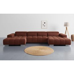 Wohnlandschaft COTTA "Orion U-Form, B: 400 cm", cinnamon, B:400cm T:186cm, 88% POLYESTER (PES) 12% POLYAMID (PA), Sofas, Wohnlandschaft, Kopfteilverstellung & 4 Kissen, optional elektr. Sitztiefenverstellung