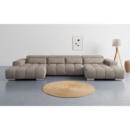 Wohnlandschaft COTTA "Orion U-Form, B: 400 cm", platinum, B:400cm T:186cm, 100% POLYESTER (PES), Sofas, Wohnlandschaft, Kopfteilverstellung & 4 Kissen, optional elektr. Sitztiefenverstellung