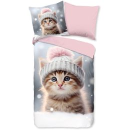 Kinderbettw&auml;sche Good Morning "Patt", rosa, B/L: 135cm x 200cm, 1 Stk., 1 Stk., Flanell, B/L: 80cm x 80cm, 2 Stk., Flanell, Obermaterial: 100% Baumwolle, Bettw&auml;sche, Flanell, Biber, 135x200, Warm, Wende, Kind, M&auml;dchen, Katze, Rosa, Grau