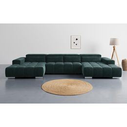 Wohnlandschaft COTTA "Orion U-Form, B: 400 cm", hunter, B:400cm T:186cm, 88% POLYESTER (PES) 12% POLYAMID (PA), Sofas, Wohnlandschaft, Kopfteilverstellung & 4 Kissen, optional elektr. Sitztiefenverstellung