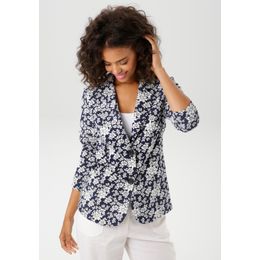 Sweatblazer Aniston CASUAL, Damen, Gr. 36, blau (marine, wei&szlig;), Sweatware, Obermaterial: 67% Polyester, 31% Viskose, 2% Elasthan, Jacquardmuster, gebl&uuml;mt, figurbetont h&uuml;ftlang, Blazer, mit ausdrucksvollem Blumenmuster