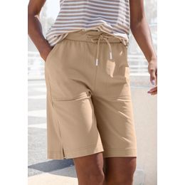 Sweatshorts ELBSAND "Vivi", Damen, Gr. L (40), N-Gr, camelfarben, Sweatware, Obermaterial: 95% Baumwolle, 5% Elasthan, unifarben, figurumspielend kniefrei, Hosen Sweatshorts, mit Logodruck auf der Ges&auml;&szlig;tasche