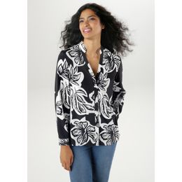 Schlupfbluse Aniston SELECTED, Damen, Gr. 36, schwarz-wei&szlig; (schwarz, wei&szlig;), Web, Obermaterial: 100% Polyester, bedruckt, gebl&uuml;mt, figurumspielend h&uuml;ftbedeckend, V-Ausschnitt, 1-Knopf-Manschette, Blusen Schlupfbluse, mit plakativem Bl&uuml;tendruck und Knopfleiste