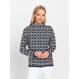 Jacquardpullover Heine "Jacquard-Pullover", Damen, Gr. 36, blau (dunkelblau, beige, gemustert), 80% Viskose, 20% Polyamid, gemustert, mehrfarbig, Pullover