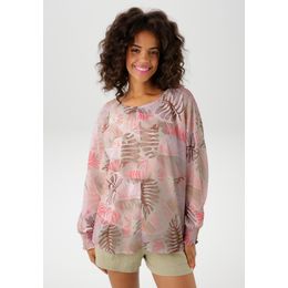 Schlupfbluse Aniston CASUAL, Damen, Gr. 46, bunt (mint, malve, rot, rosa, ros&eacute;, hellkhaki, khaki, helloliv, dunkelbraun, braun, helltaupe, apricot, hellblau, wei&szlig;), Chiffon, Obermaterial: 100% Polyester. Futter: 100% Polyester, bedruckt, l&auml;ssig geschnitten h&uuml;ftlang, Rundhals, Fledermaus&auml;rmel Smokb&uuml;ndchen mit Gummizug, Blusen Schlupfbluse, mit gro&szlig;fl&auml;chigen, farbharmonischem Bl&auml;tterdruck